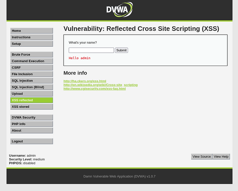 DVWA의 XSS Reflected -- MEDIUM