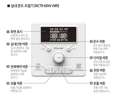 귀뚜라미보일러 사용설명서 - 트윈알파eco E10 가스보일러(NCTR-60W WIFI) 실내온도조절기(난방, 온도, 온수, 목욕, 외출, 예약) 사용방법, 설정방법