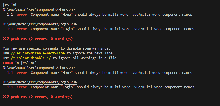 Vue3 Cli 프로젝트 / multi-word-component-names 오류