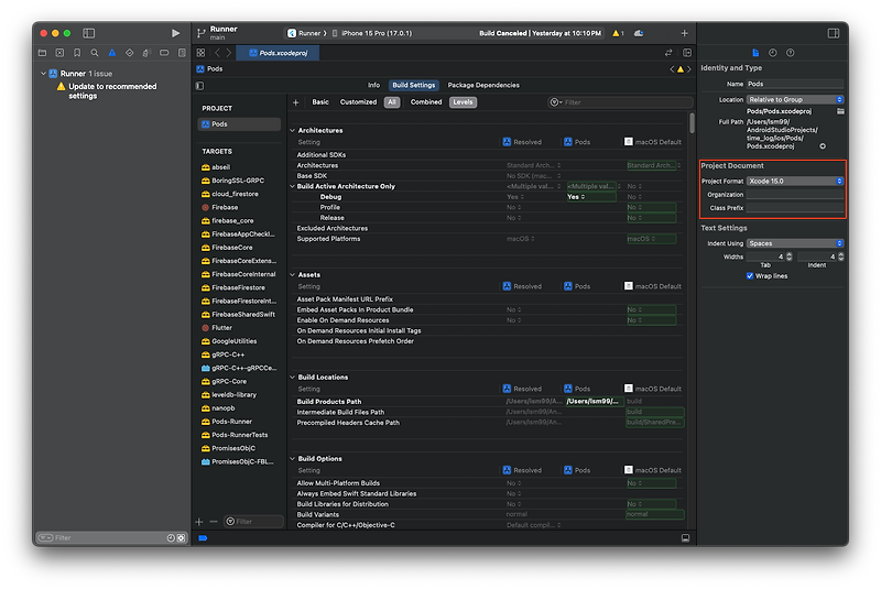 [Flutter] DT_TOOLCHAIN_DIR cannot be used to evaluate LIBRARY_SEARCH_PATHS, use TOOLCHAIN_DIR ...