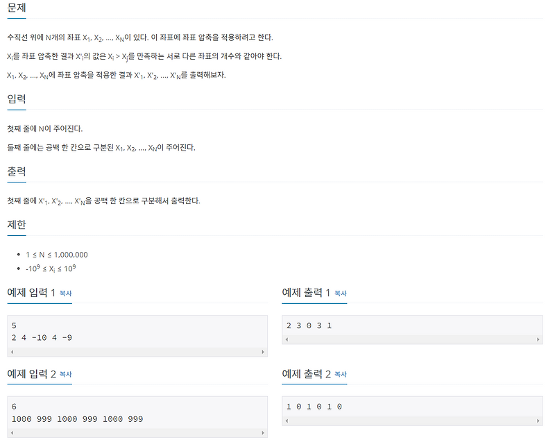 python 백준 알고리즘 18870번: 좌표 압축