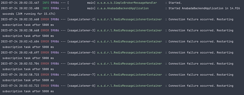 [Spring] RedisMessageListenerContainer : Connection failure occurred. Restarting subscription ...