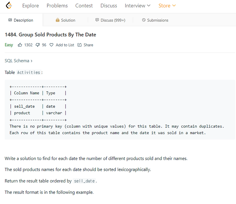 LeetCode 1484. Group Sold Products By The Date / MySQL / Easy / GROUP_CONCAT