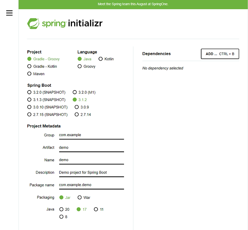 [Spring Boot] spring initializr 사용하여 프로젝트 만들기