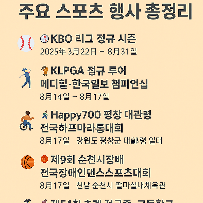 2025년 8월 국내에서 열리는 주요 스포츠 행사 총정리 (KBO·KLPGA·마라톤 등