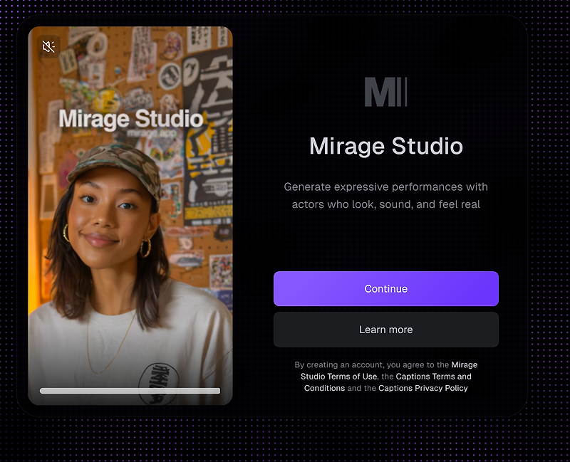 Mirage Studio (카메라, 제작진 또는 제작 지연 없이 생생한 AI 배우와 함께 스튜디오 품질의 비디오 제작)