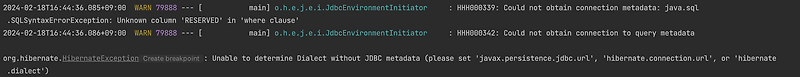 [HHH000339] : Could not obtain connection metadata: java.sql
