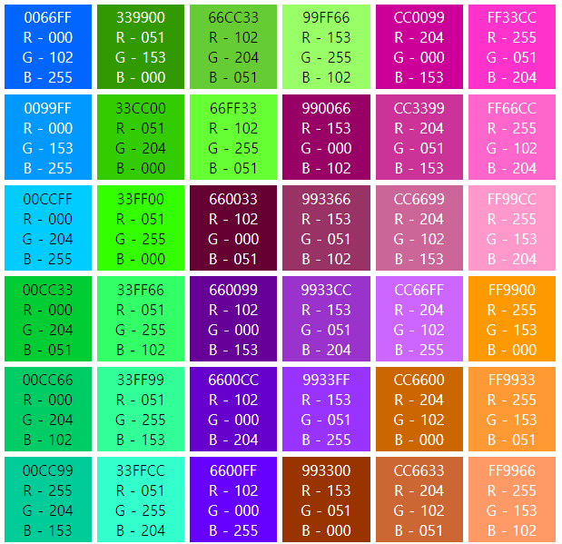 웹 색상표 코드값(256 컬러,RGB)