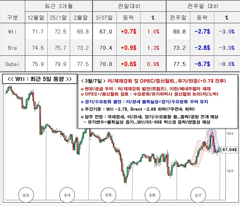 Crude Oil(3월/7일자 국제유가) : 러/제재강화 및 OPEC/증산철회 발언,,유가/반등(+0.7$ 전후)