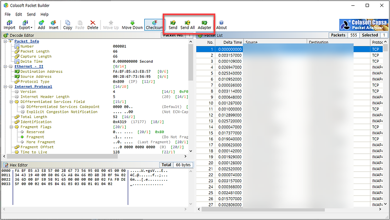 Colasoft Packet Builder 패킷 재전송 방법