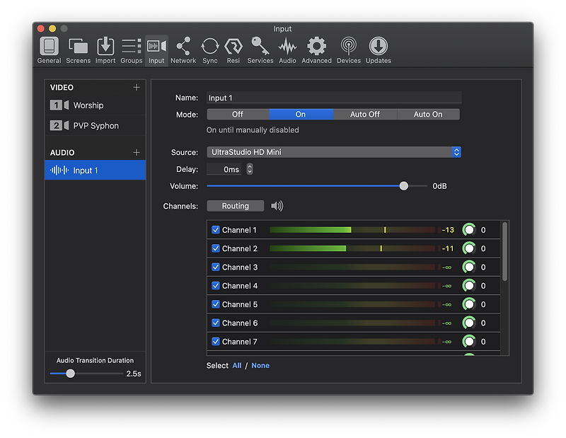 ProPresenter에서 오디오 입력 설정