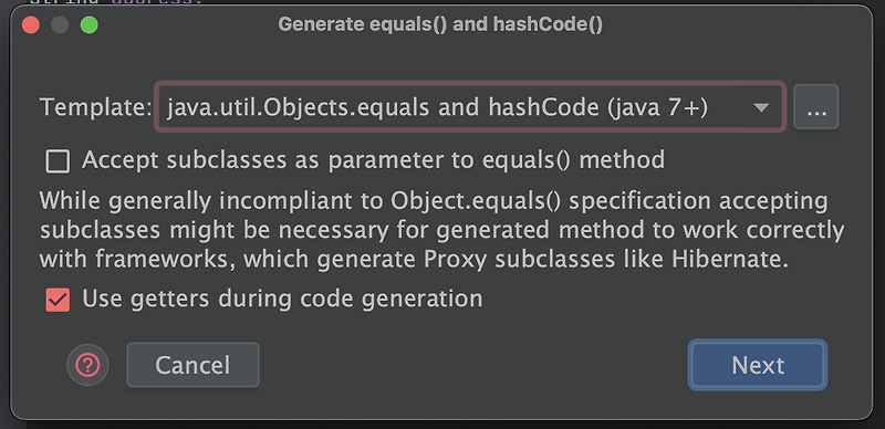 롬복(lombok) 의 @EqualsAndHashCode 는 필드로 비교할까 getter 로 비교할까