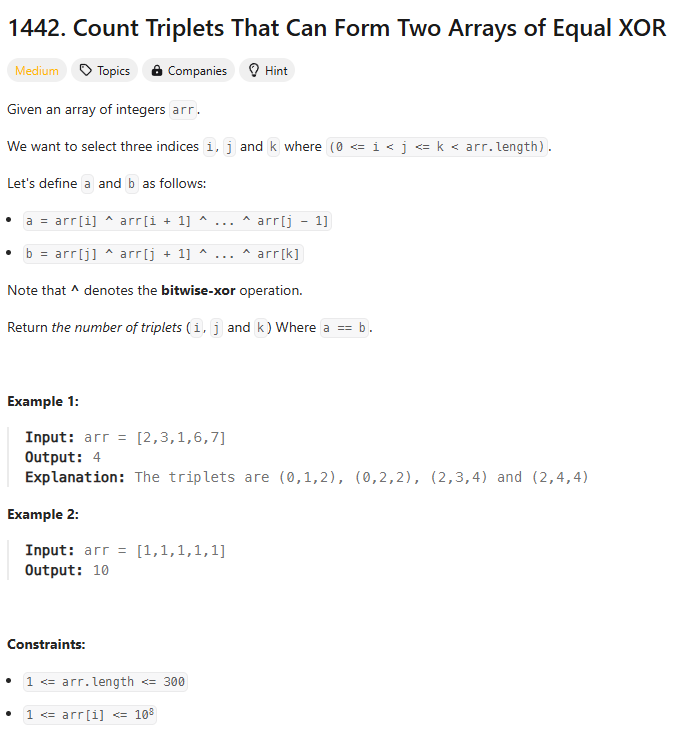 [Leetcode]1442. Count Triplets That Can Form Two Arrays of Equal XOR