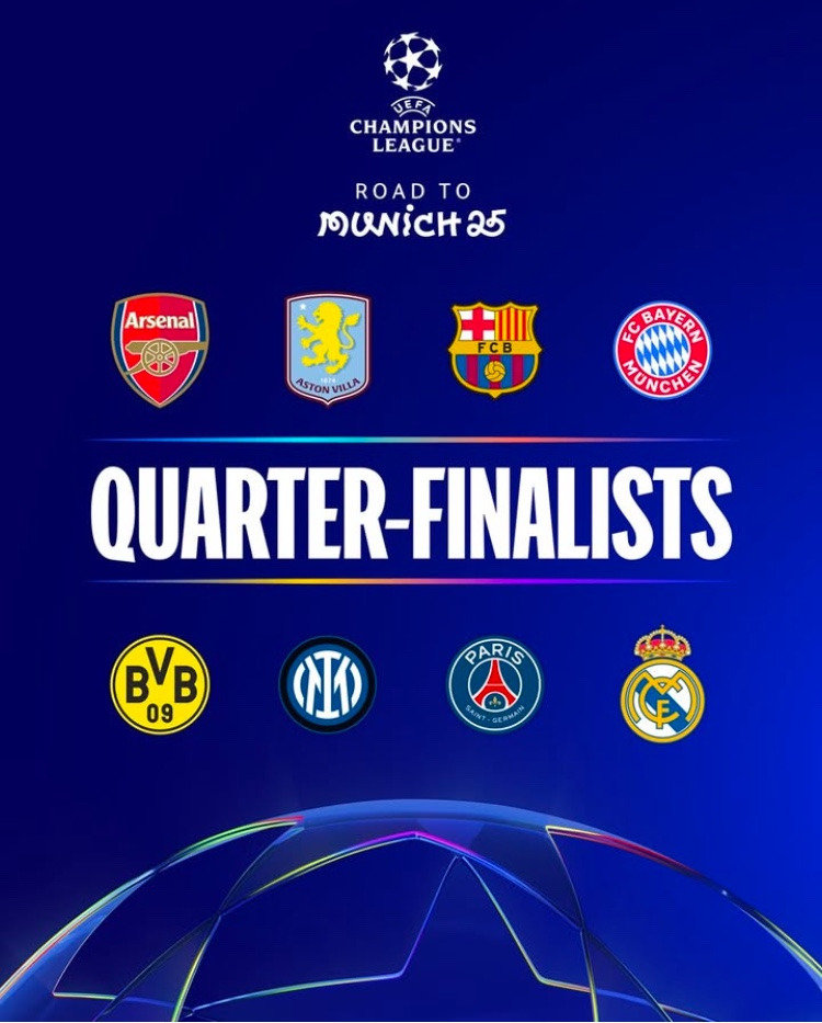 2024/25 UCL챔피언스리그 8강 진출팀 확정 & 8강 경기 일정 ( 레알,뮌헨,PSG,빌라,바르샤,인테르,돌문,아스날)