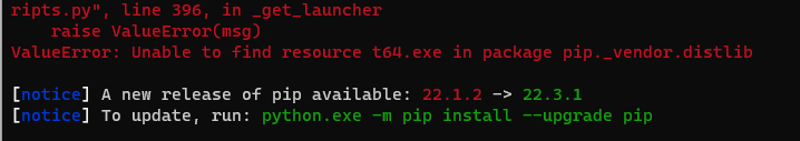 [오류해결] ValueError: Unable to find resource t64.exe in package pip._vendor.distlib