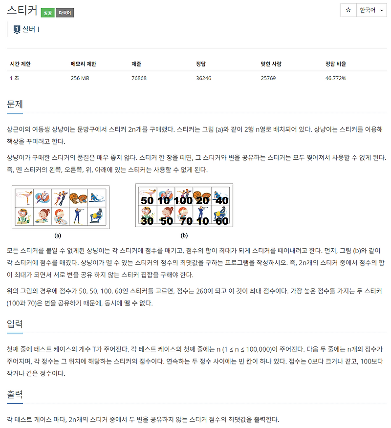 BEAKJOON / 백준 - JAVA 9465번 스티커 — SlowCoding