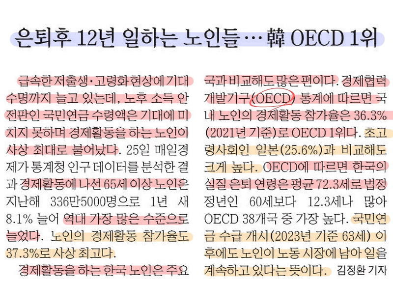 매일 경제신문 (2023.10.26 - 은퇴후 112년 일하는 노인들 한국 OECD 1위)