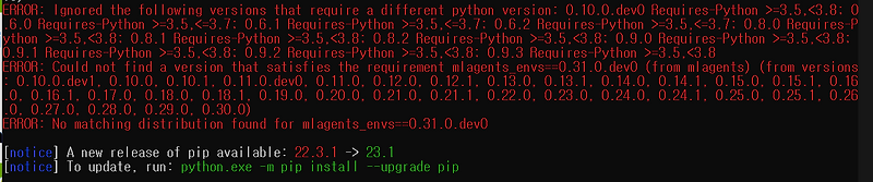 Unity ML-Agents window anaconda pip install 시 ERROR: Ignored the following versions that require ...