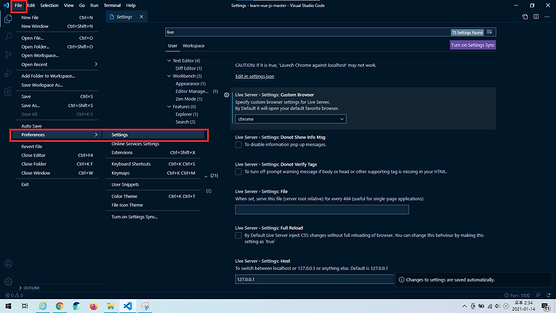 Visual Studio Code live server 기본 브라우저 chrome으로 설정하기
