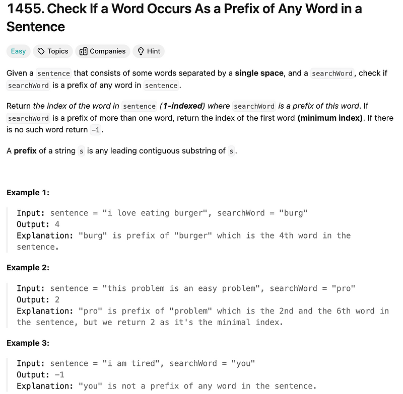 [Leetcode/Greedy] 1455. Check If a Word Occurs As a Prefix of Any Word in a Sentence