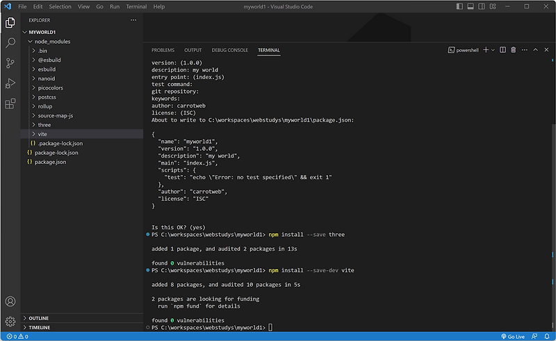 three.js NPM으로 설치 - Node.js Vite(비트 - Build Tool)
