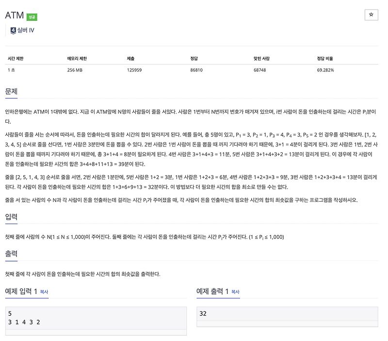 [백준 / JAVA] 11399번, ATM (Greedy)