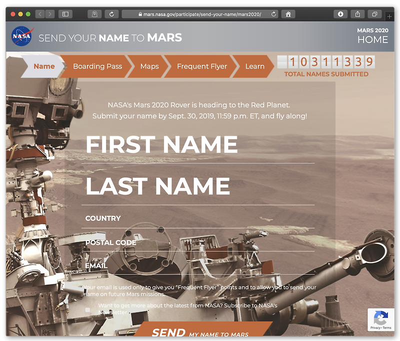 NASA, Send your Name to Mars (화성에 이름 보내기) - 한국시각 10월 1일 오후 1시까지 마감 - 늦기 ...