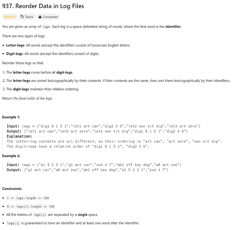 [LeetCode] C++ 937. Reorder Data in Log Files