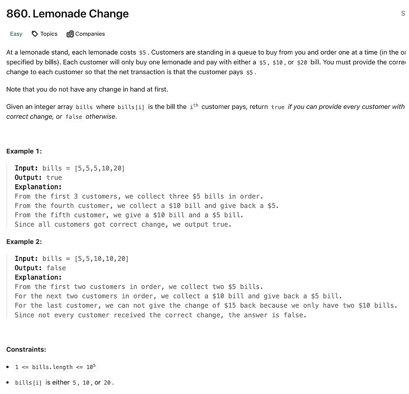 LeetCode [860]: Lemonade Change — 개발하는 장씨