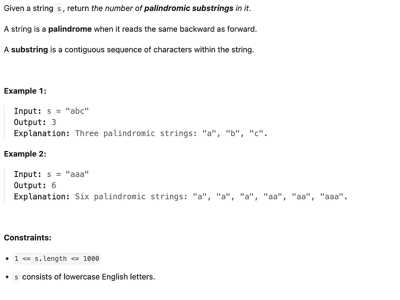 Leet code (Medium): 647. Palindromic Substrings (중심확장법) - Java