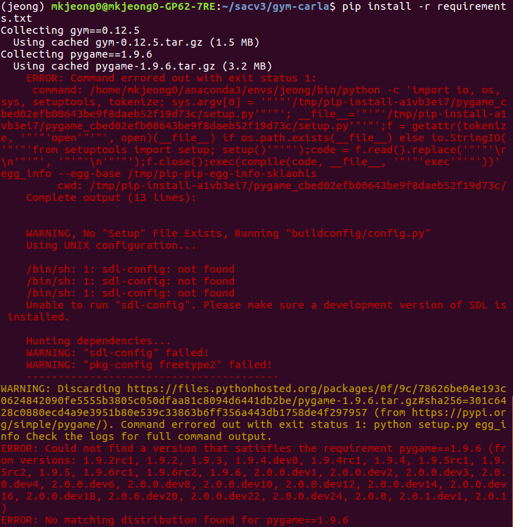 Gym-Carla 설치시 pygame version 안맞다고 하는 오류