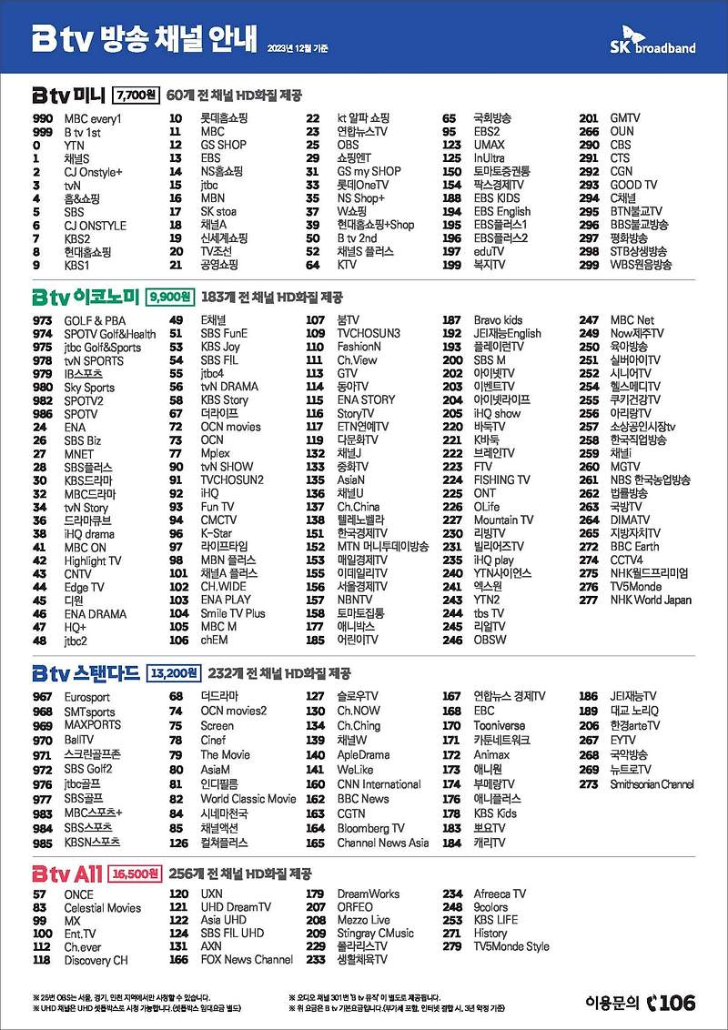 Btv 채널 편성표, 2023년 12월 기준