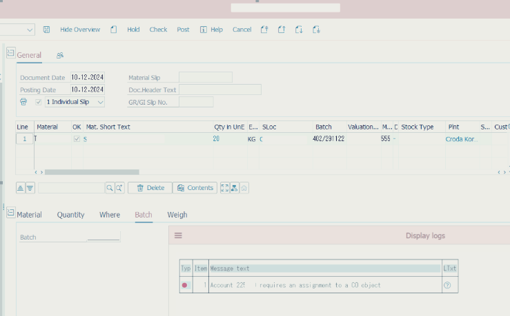 SAP 오류 해결: Account requires an assignment to a CO object