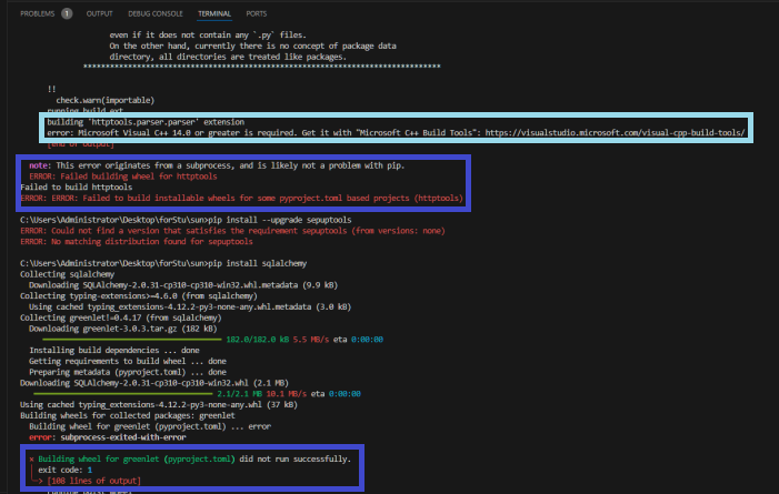 × Building wheel for httptools (pyproject.toml) did not run ...