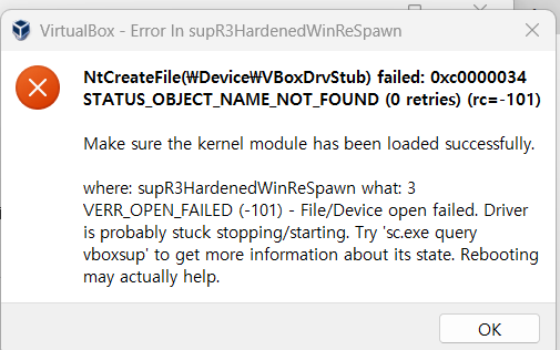 VirtualBox(7.0이상)에서 Rocky 리눅스 "error in supr3hardenedwinrespawn" 해결법