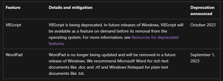 Windows, VBScript 지원 제거 발표