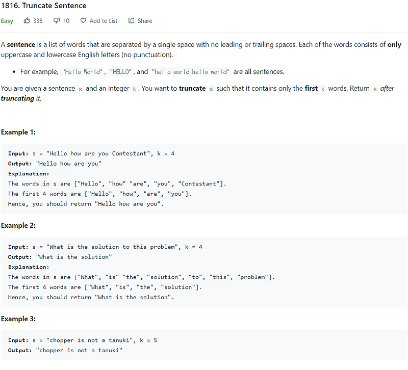 LeetCode 풀기 - 1816. Truncate Sentence