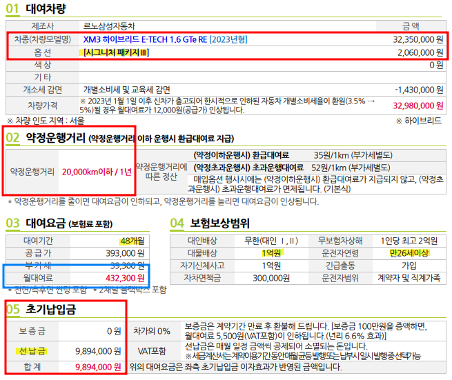 2023 XM3 E-TECH 하이브리드 1.6 HEV RE 장기렌트 모의견적 가격표