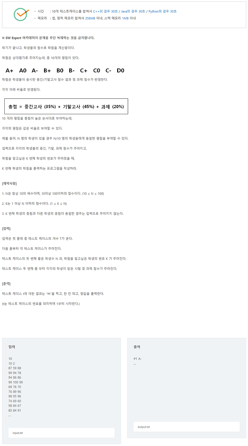 [SWEA] [JAVA] [Difficulty 2] [1983] 조교의 성적 매기기 :: PROGRAMMING