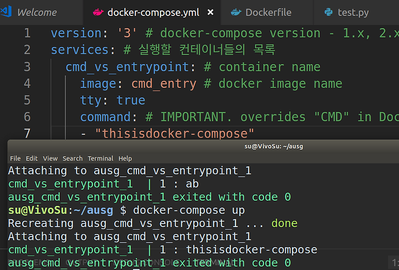 Dockerfile의 CMD와 ENTRYPOINT 차이. docker-compose.yml의 command