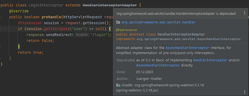 'org.springframework.web.servlet.handler.HandlerInterceptorAdapter' is deprecated