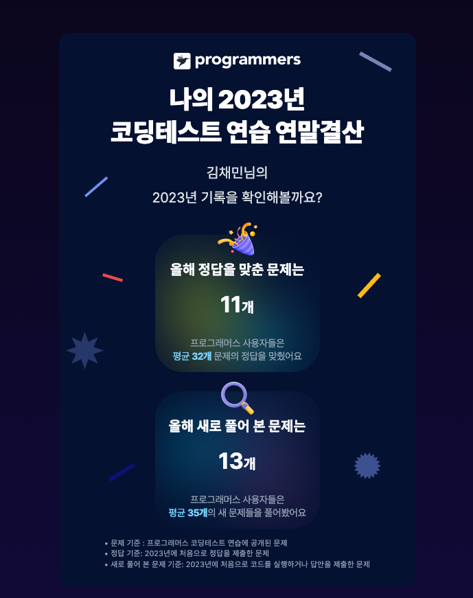 프로그래머스 - 나의 2023년코딩테스트 연습 연말결산 — Aleph Kim의 IT 블로그