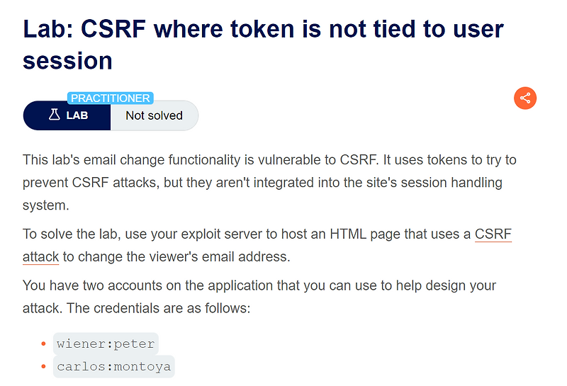 Portswigger - CSRF where token is not tied to user session solution