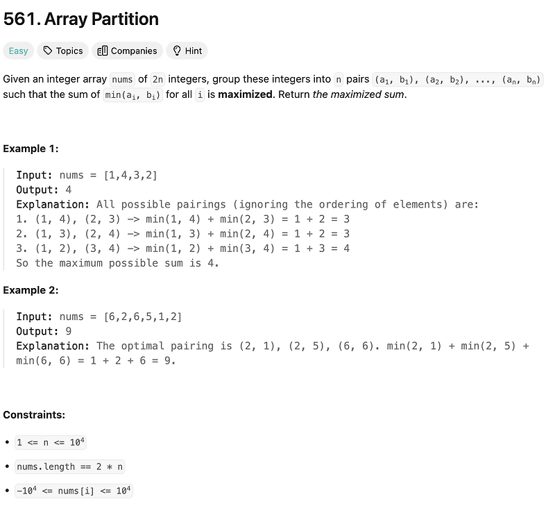 [Leetcode/Sort, Greedy] 561. Array Partition