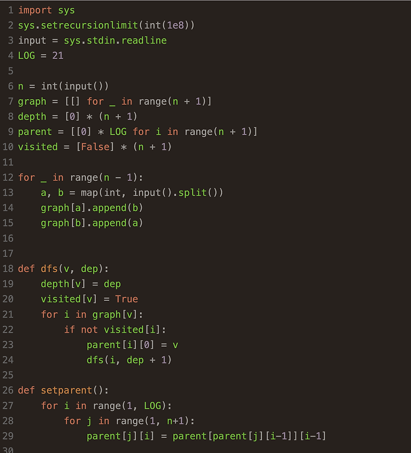 백준 11438: LCA 2(최소 공통 조상 / with Python)