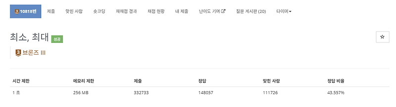 [ BOJ ] 10818 : 최소, 최대 ( BRONZE 3 ) / C, C++, Python, Java