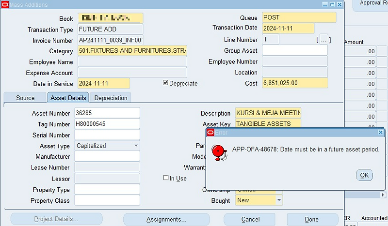 FA Mass Addition이 APP-OFA-48678: Date must be in a future asset period 처리방법