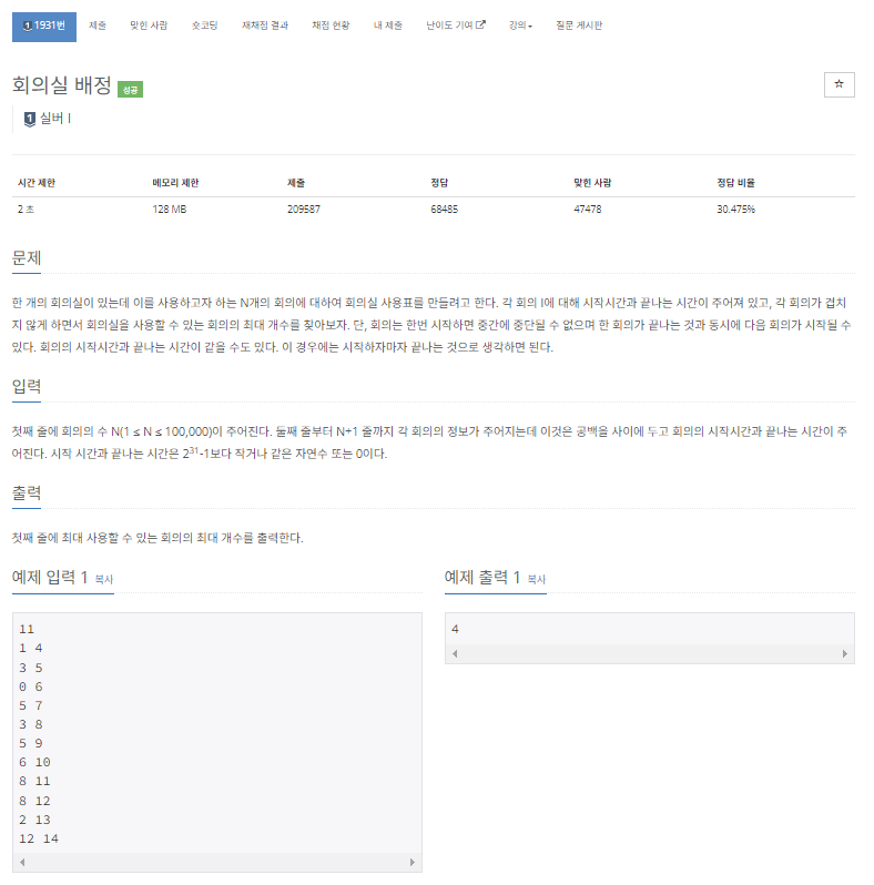 [Beackjoon - java] 1931 회의실 배정