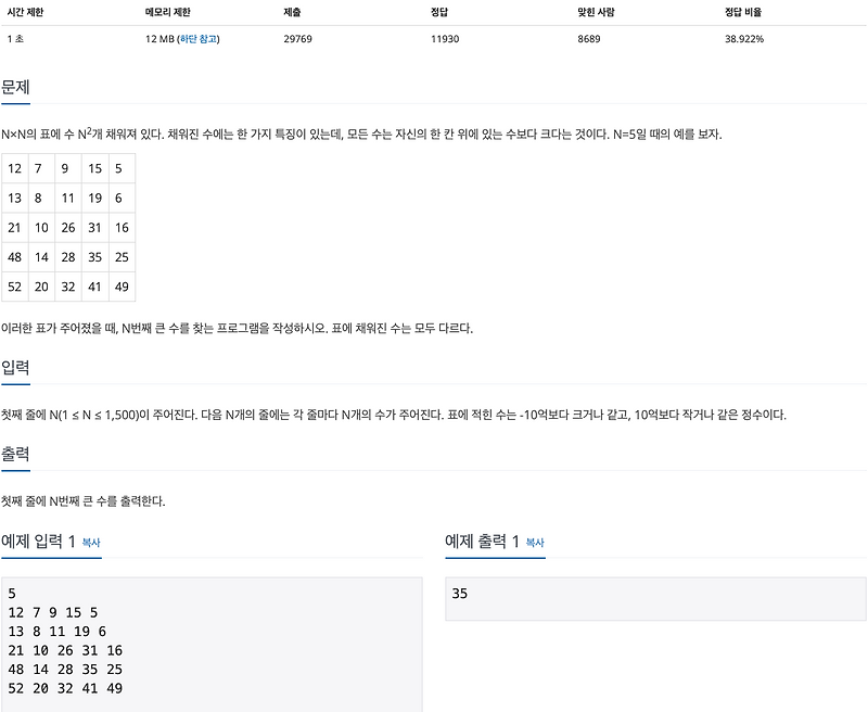 [백준] 2075번. N번째 큰 수 (JAVA)