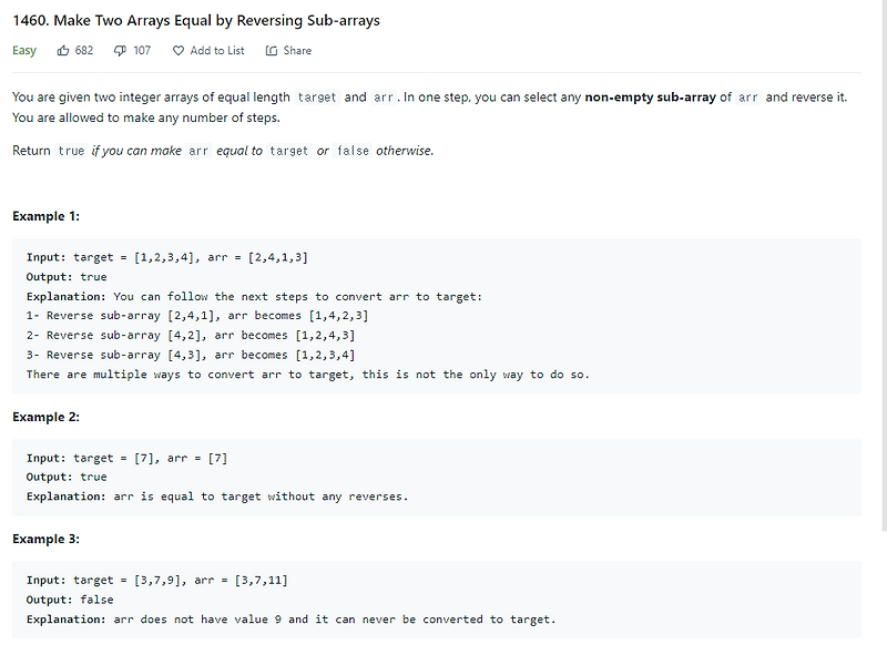 leetcode 1460. Make Two Arrays Equal by Reversing Sub-arrays